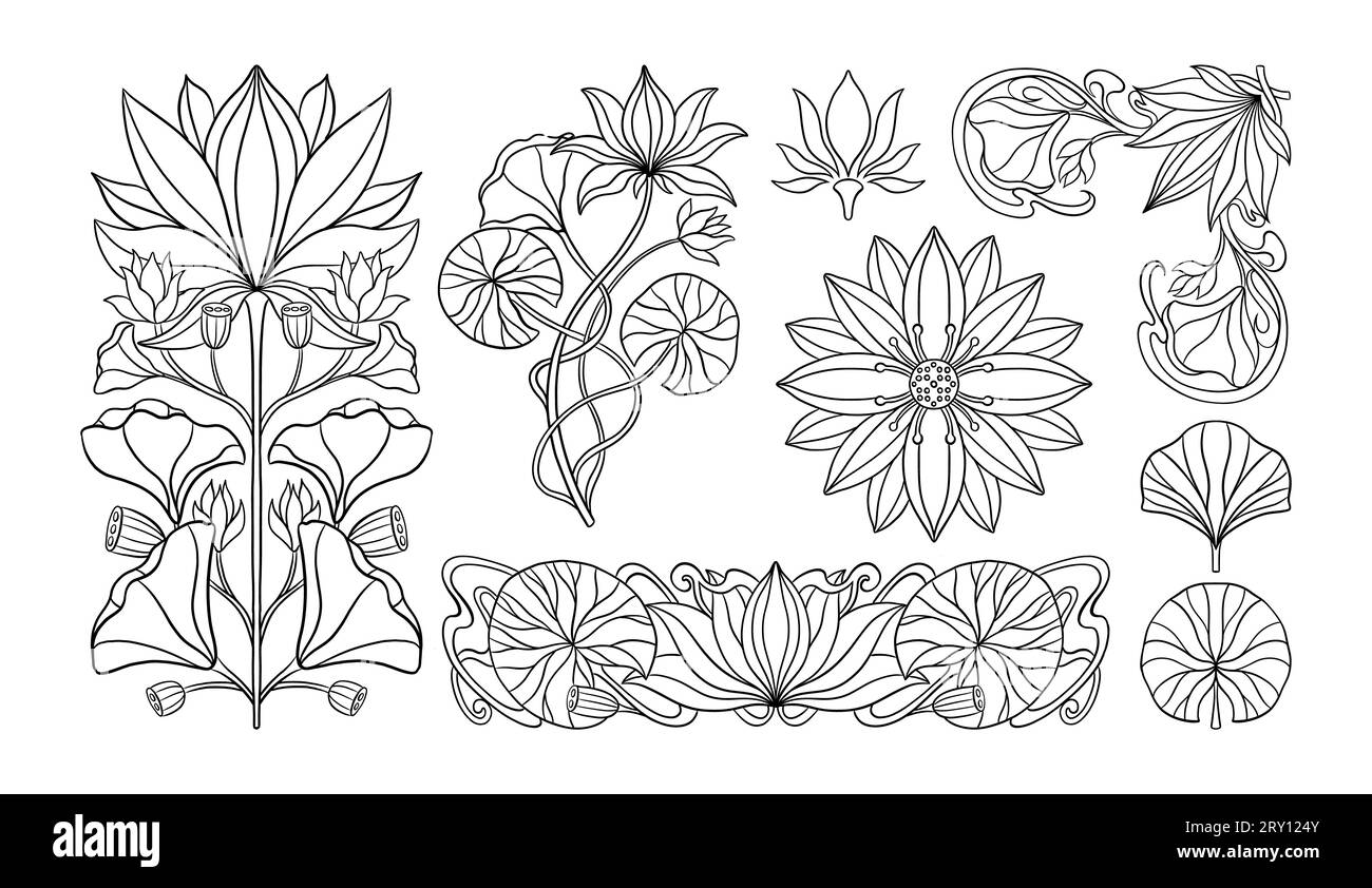 Floral lotus plant in art nouveau 1920-1930. Hand drawn in a linear ...