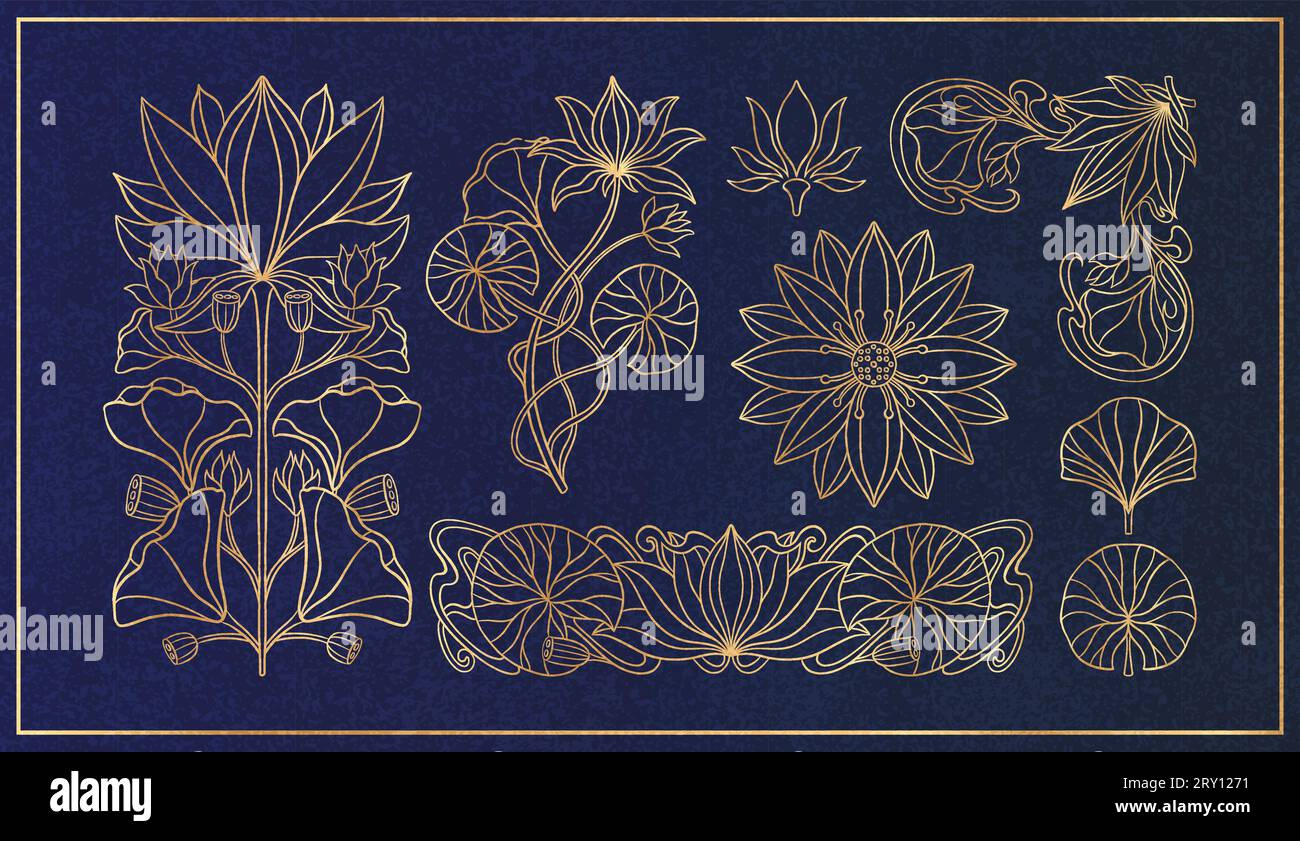 Floral lotus plant in art nouveau 1920-1930. Hand drawn in a linear ...