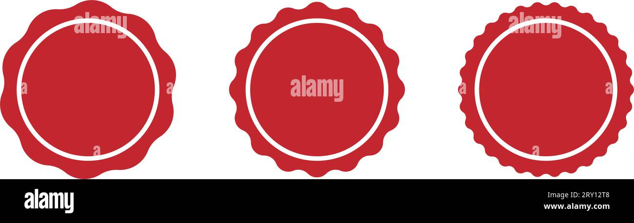 Red circle seal stamp icons. Vintage wavy edge circle sticker. Star ...