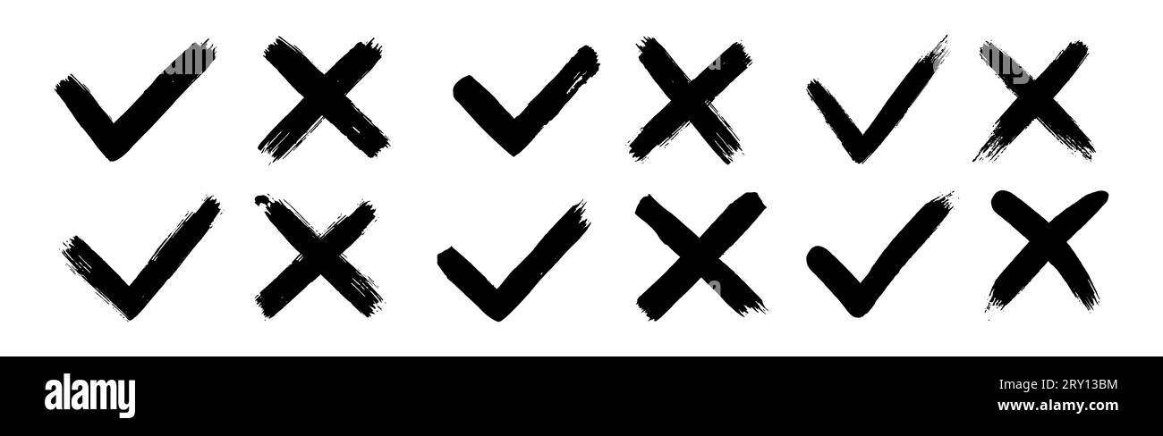 Dirty grunge hand drawn with brush strokes cross X and tick OK check ...