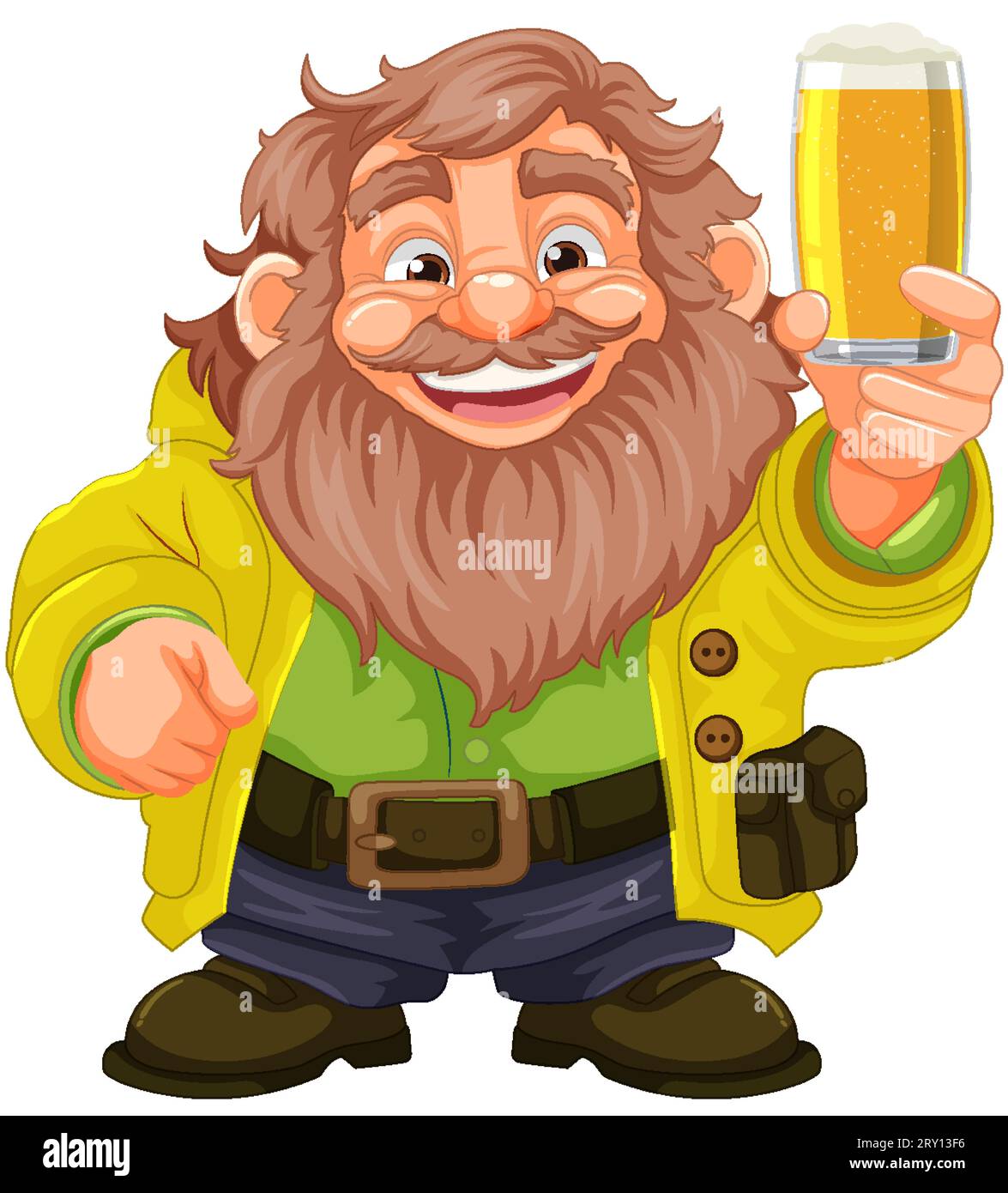 A lively cartoon character with a beard and mustache holding a pint of ...