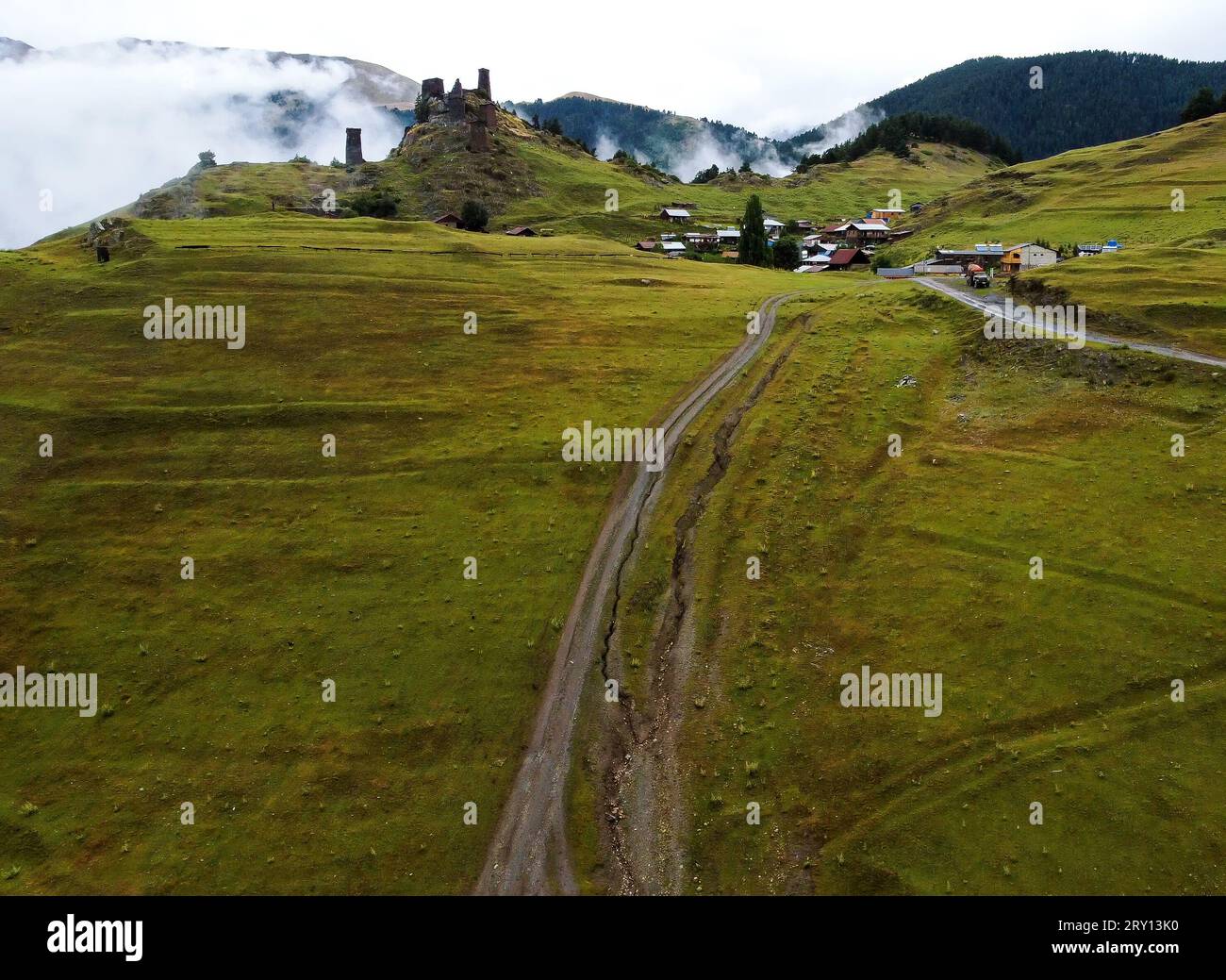 Medieval old ruins of monastery, village Omalo in Caucasus mountains ...