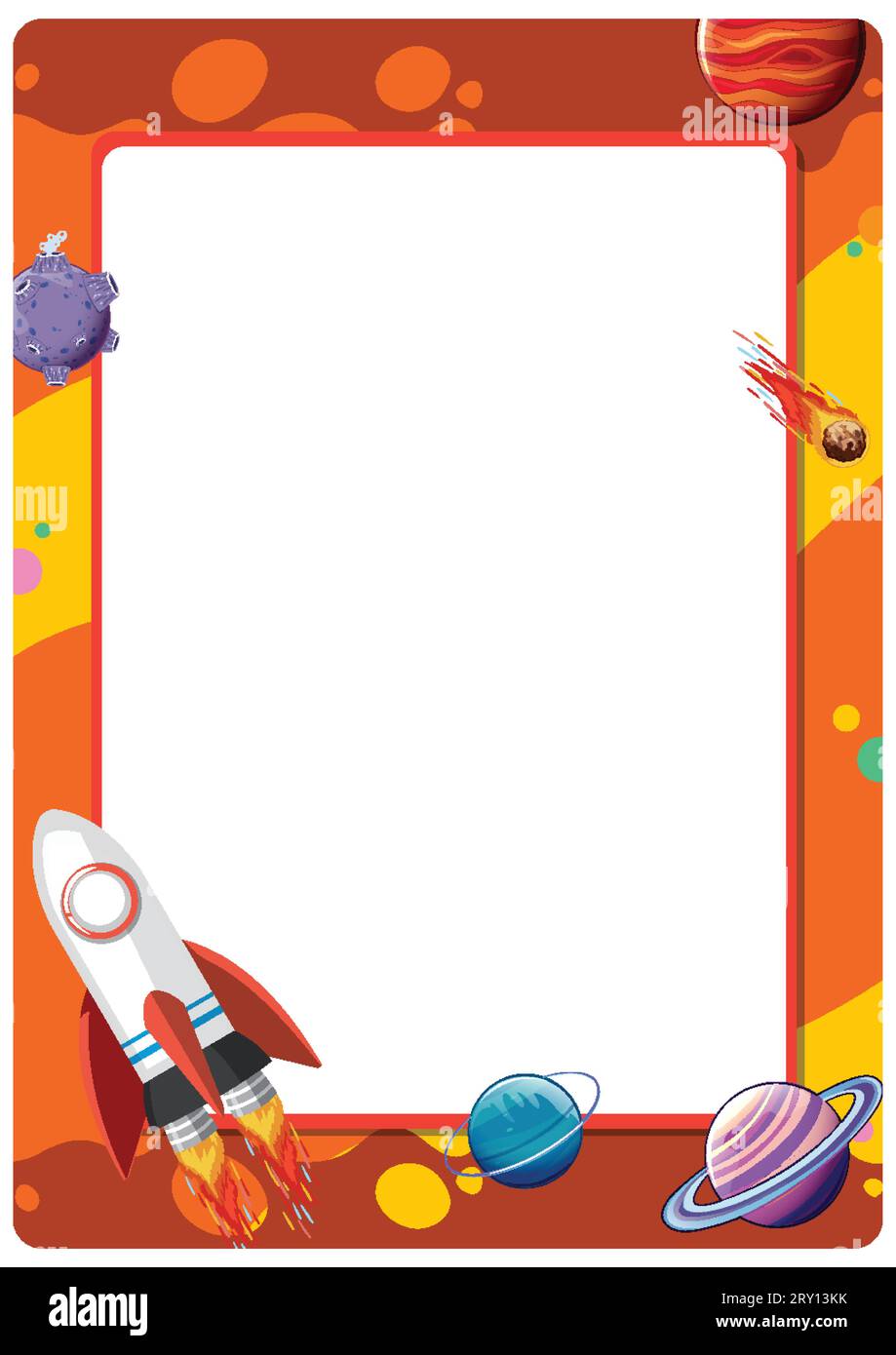 A vibrant and playful border frame featuring planets and a rocket in ...
