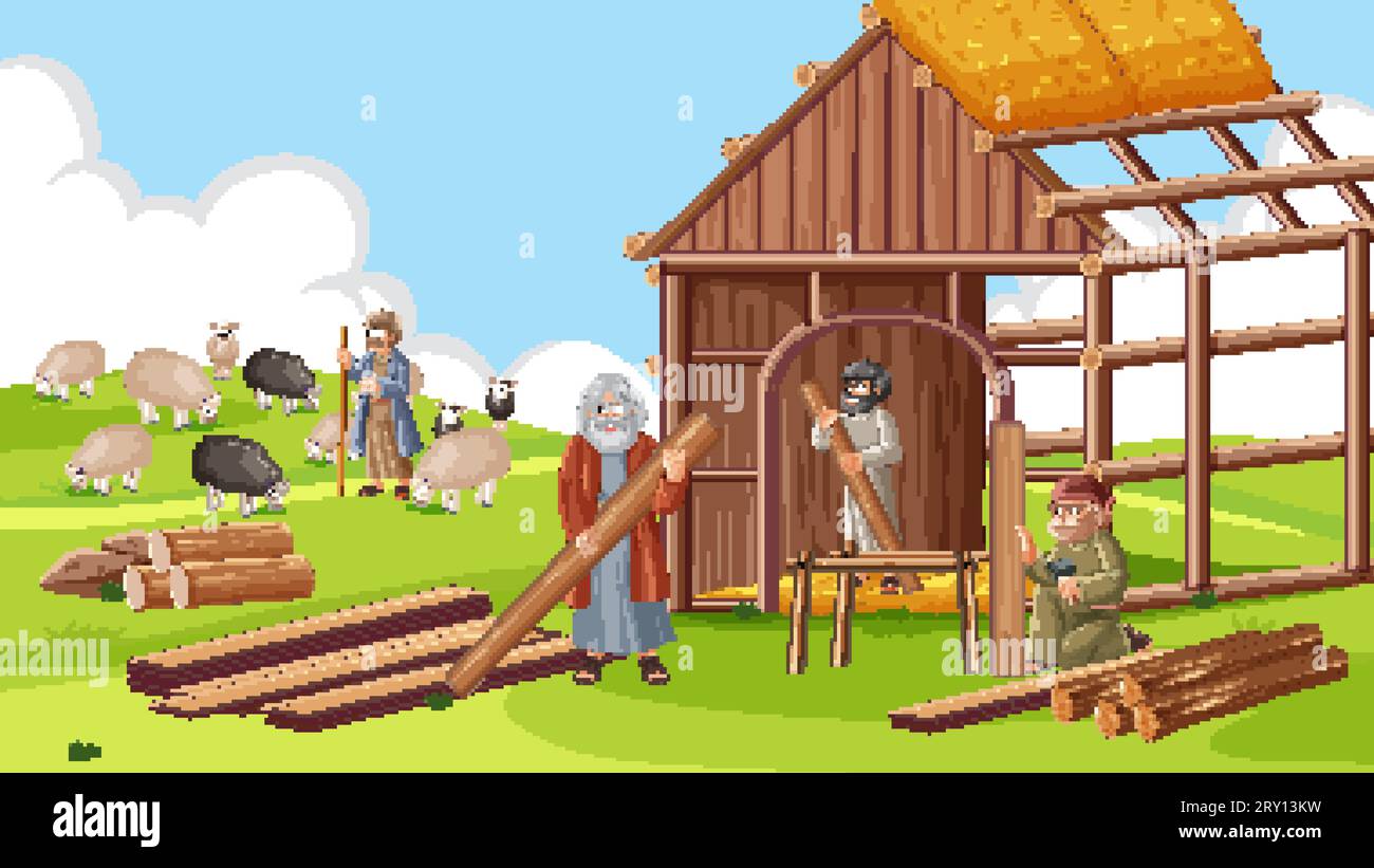 Noah and Villagers Engaged in Religious Activities Outdoor Stock Vector ...
