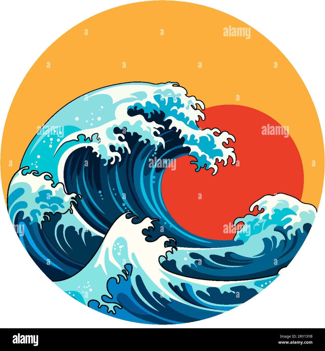 Vector cartoon illustration of Japan's iconic wave under a red sun ...
