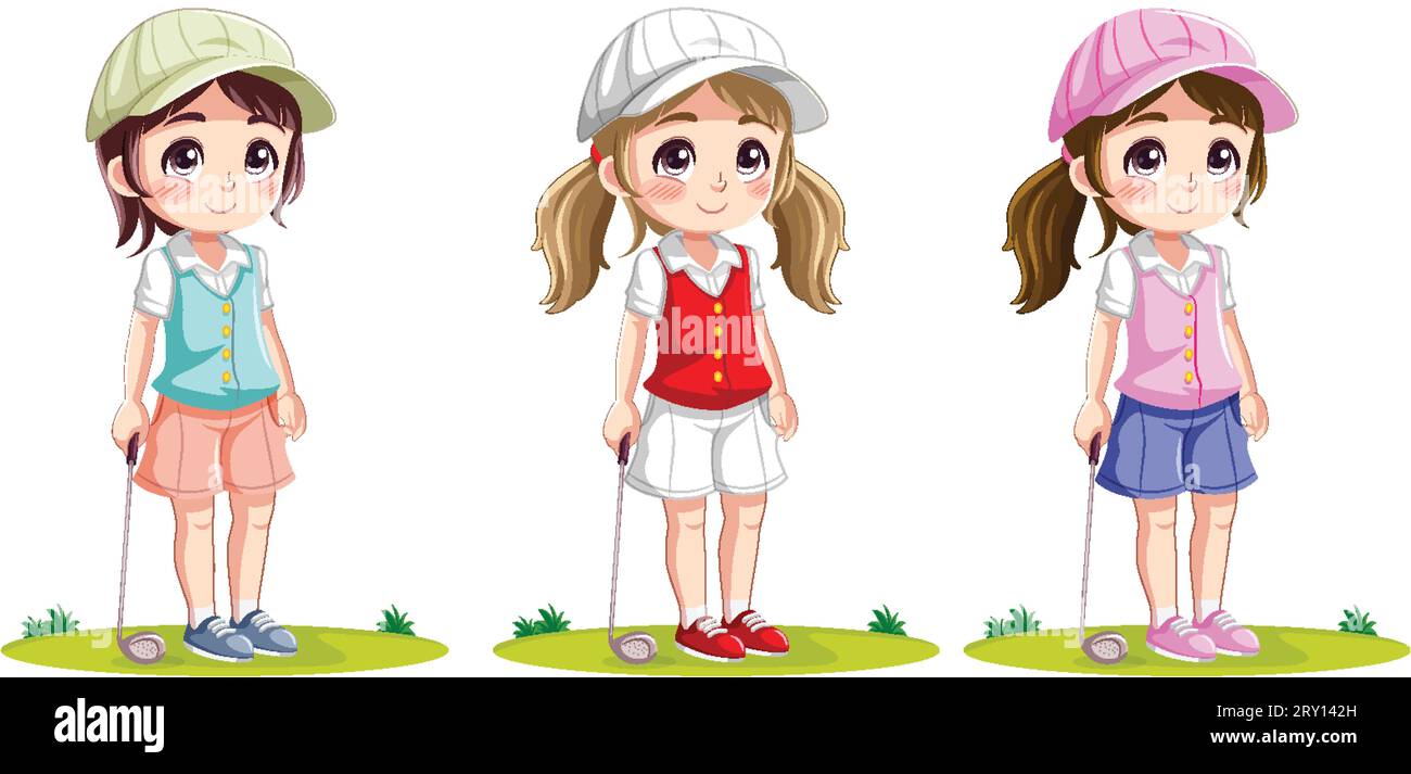 A collection of vector cartoon illustrations featuring female golfers ...