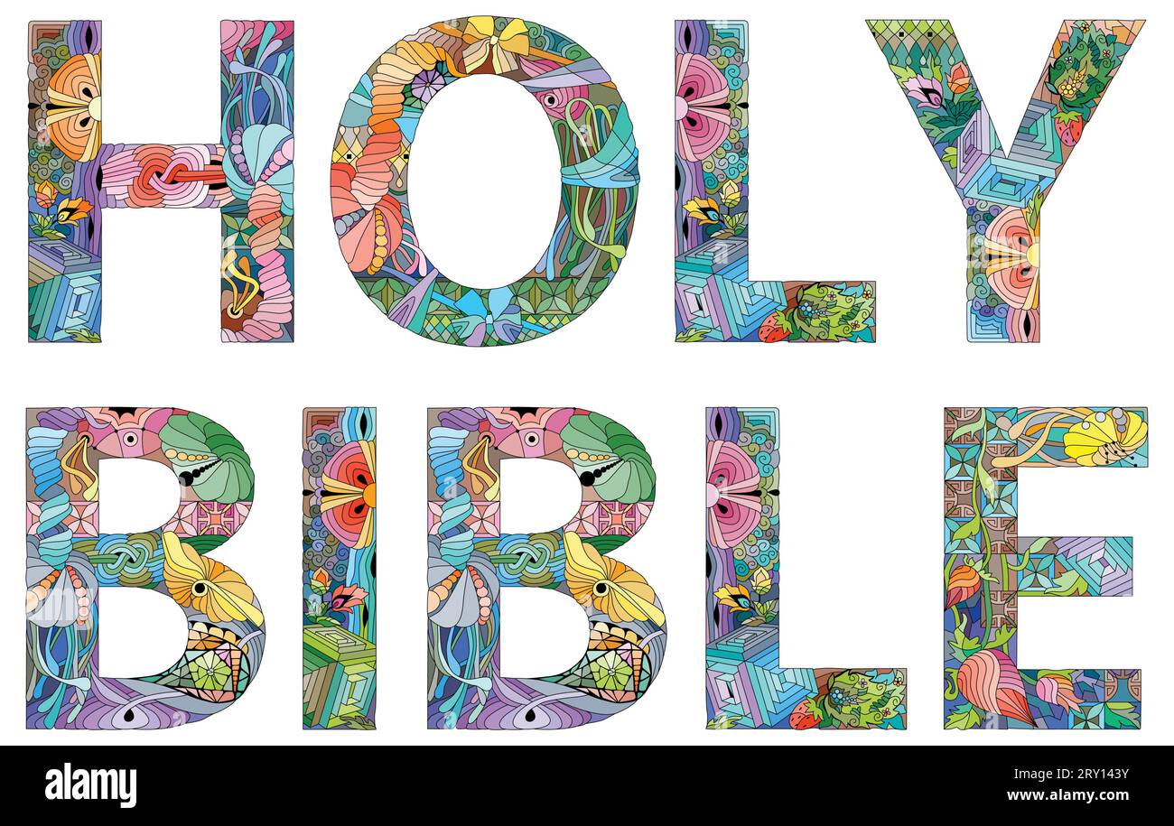 Hand-painted art design. Hand drawn illustration words HOLY BIBLE for t ...