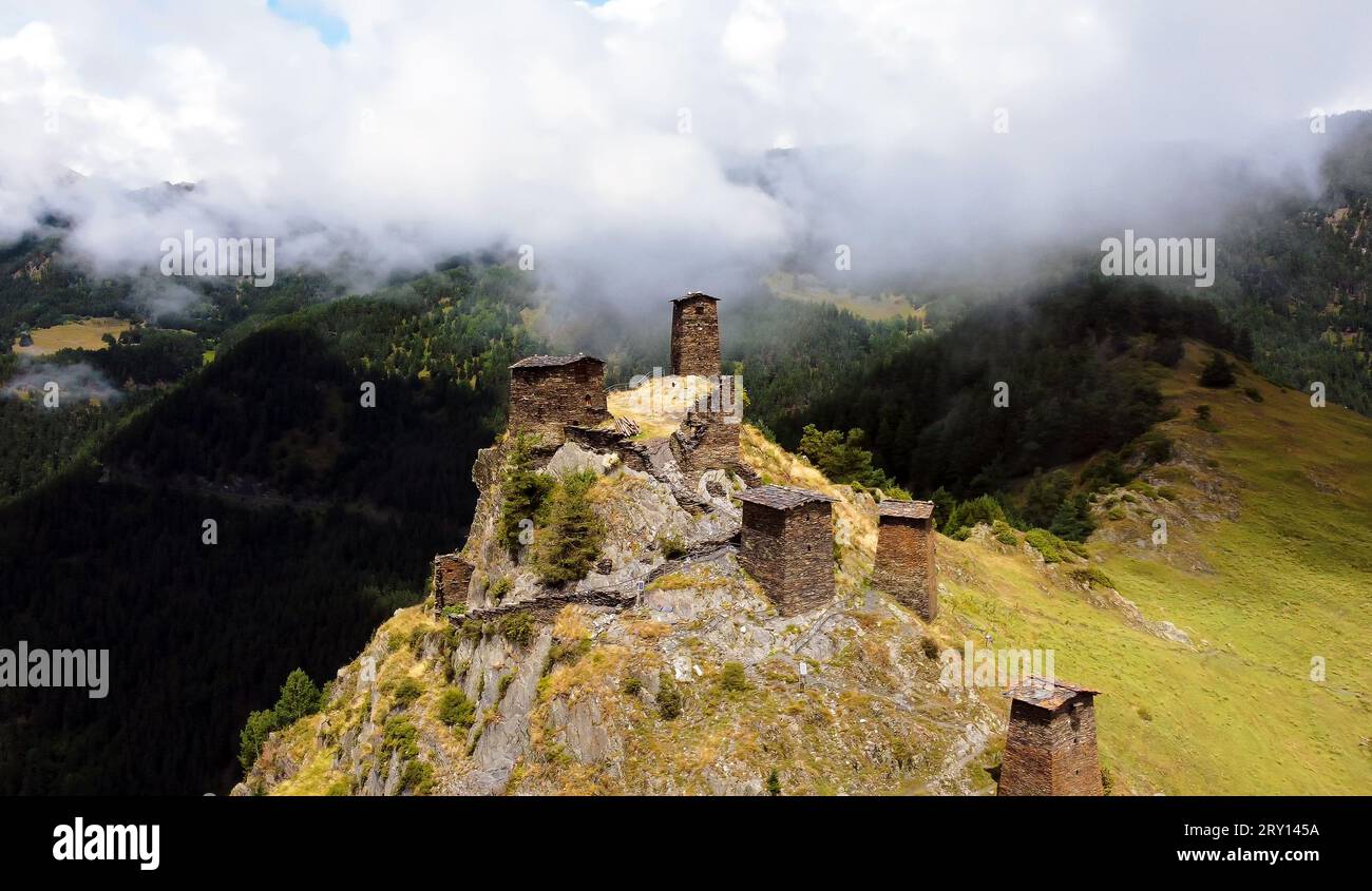 Aerial scenic view of old ruins of monastery at rural village Omalo in ...