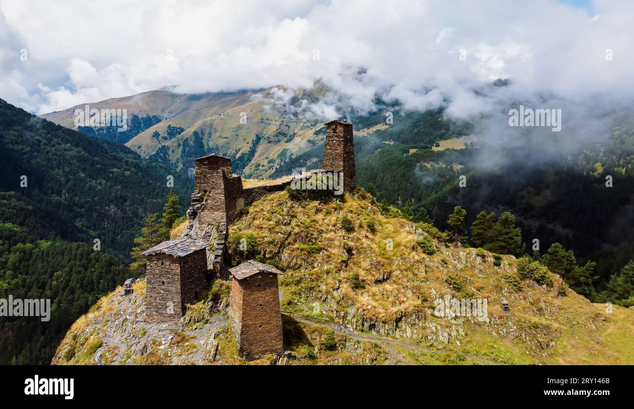 Aerial scenic view of old ruins of monastery at rural village Omalo in ...