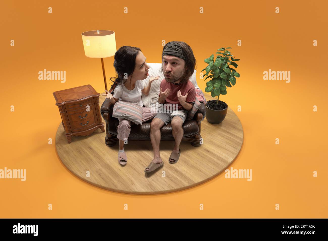 Arguing man and woman with giant heads and small bodies sitting on sofa ...