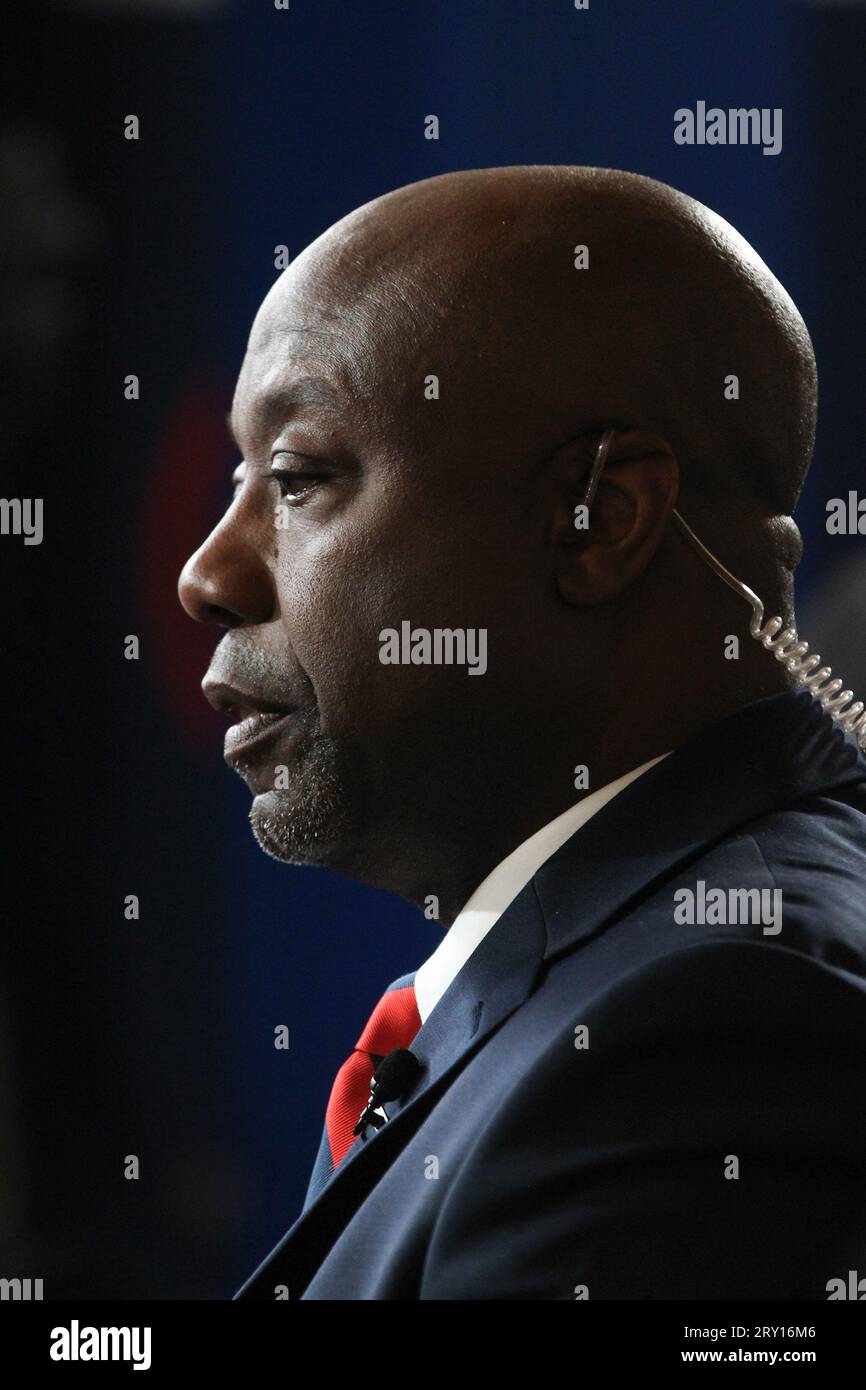 Sen. Tim Scott of South Carolina in the spin room at the Ronald Reagan ...