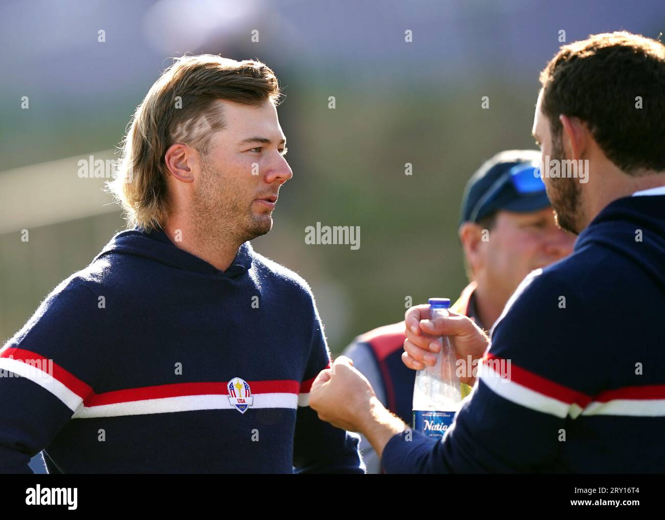 USA's Sam Burns, with USA shaved into his hair, ahead of a team photo ...