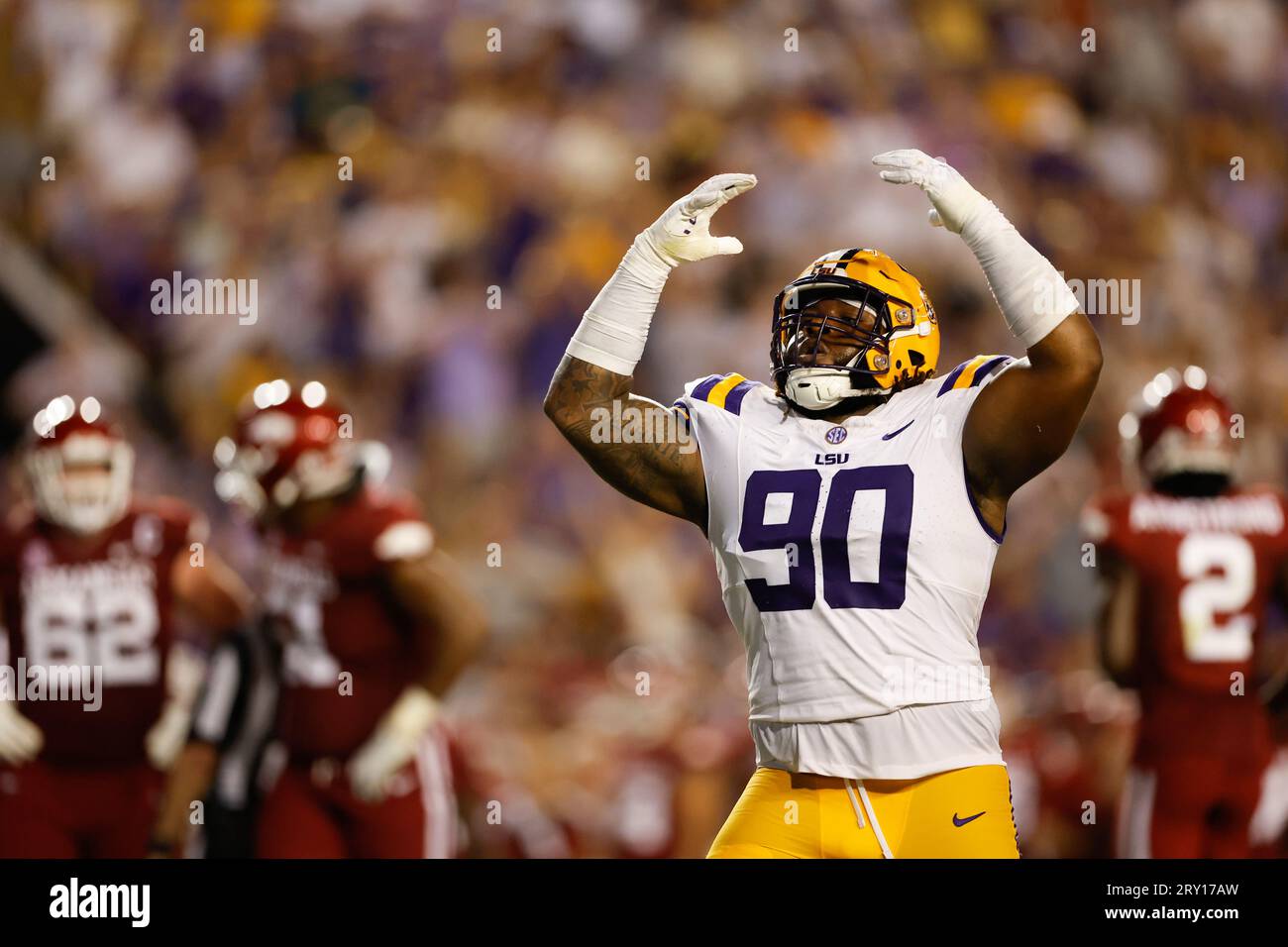 LSU defensive tackle Jacobian Guillory (90) celebrates after a play ...