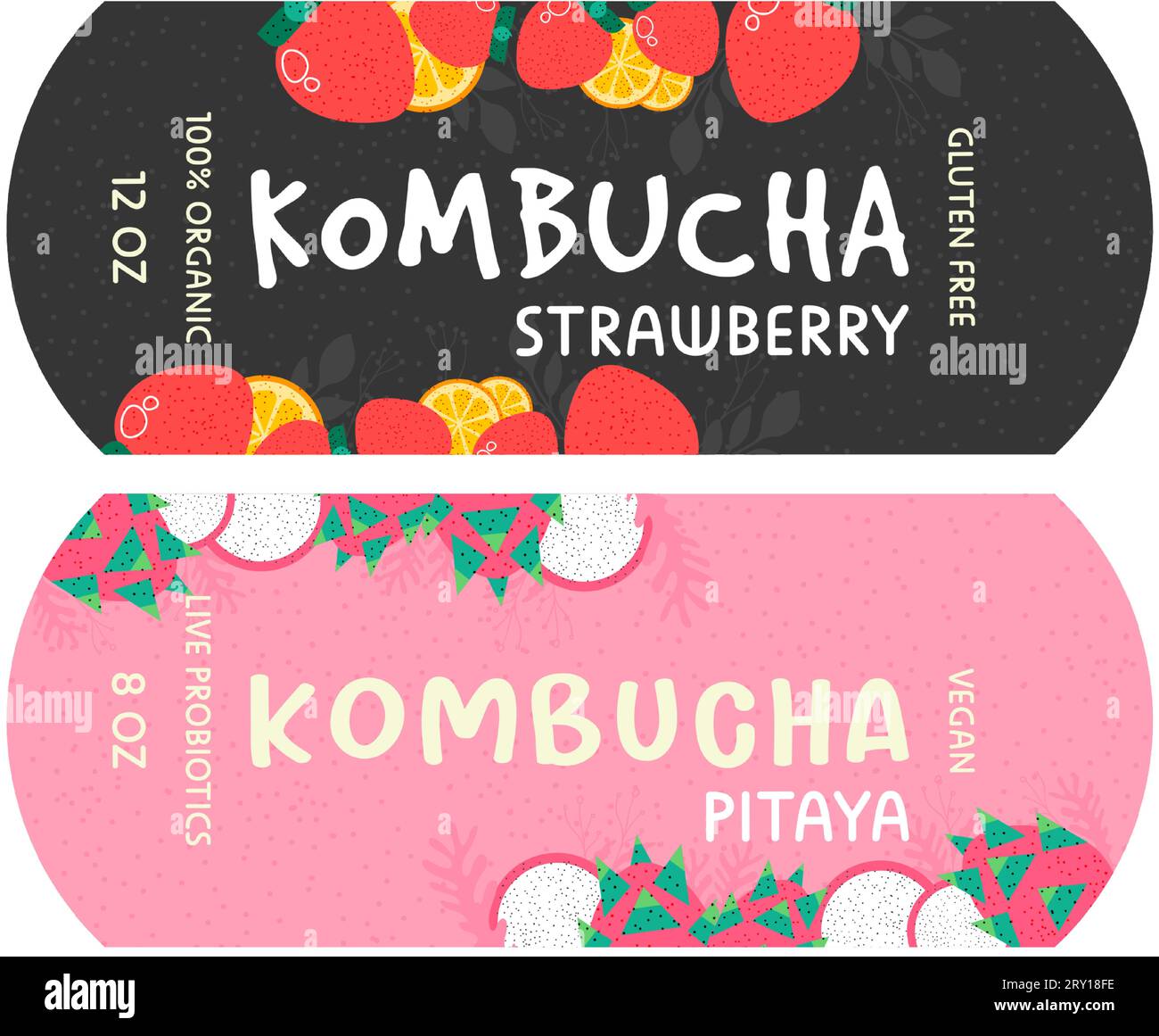 Kombucha with strawberry and pitaya taste, package Stock Vector Image ...