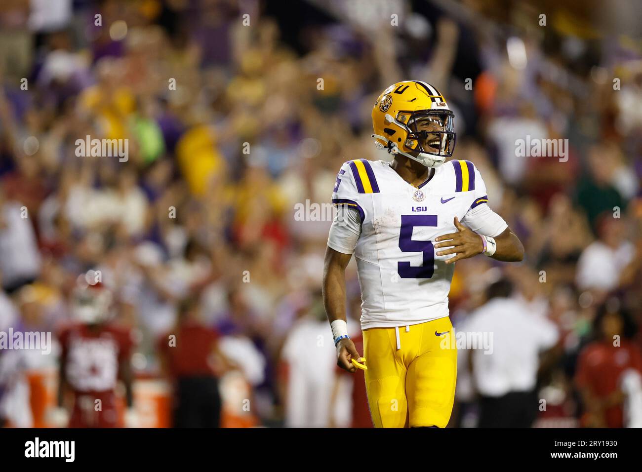 LSU quarterback Jayden Daniels (5) celebrates after a touchdown during ...