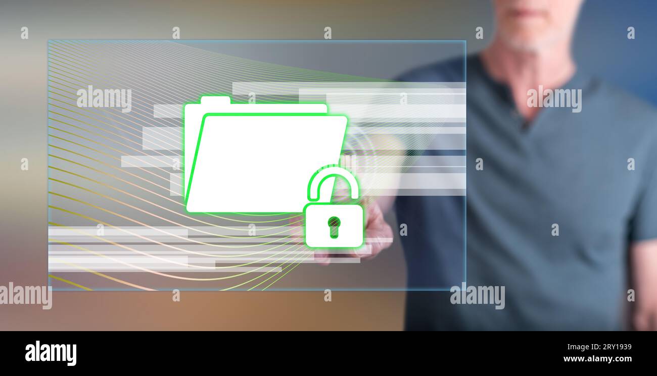 Man touching a data protection concept on a touch screen with his ...