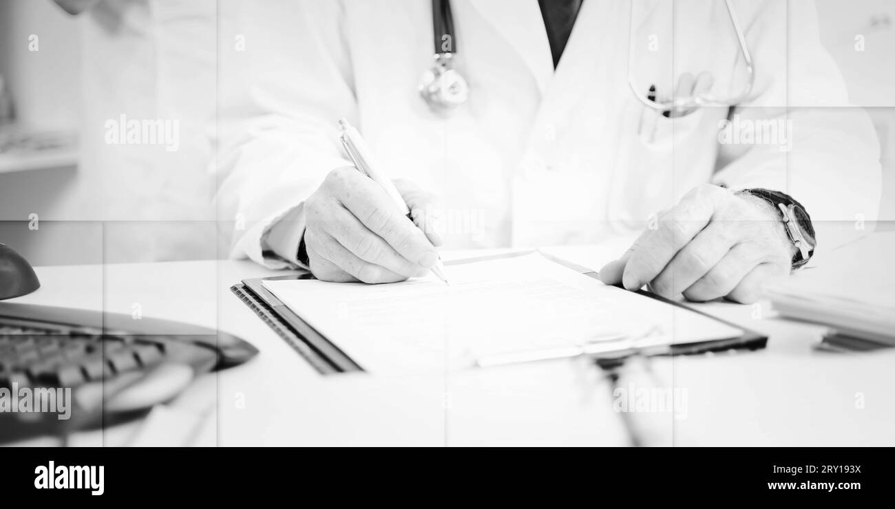 Doctor signing a medical report in his office, geometric pattern Stock ...