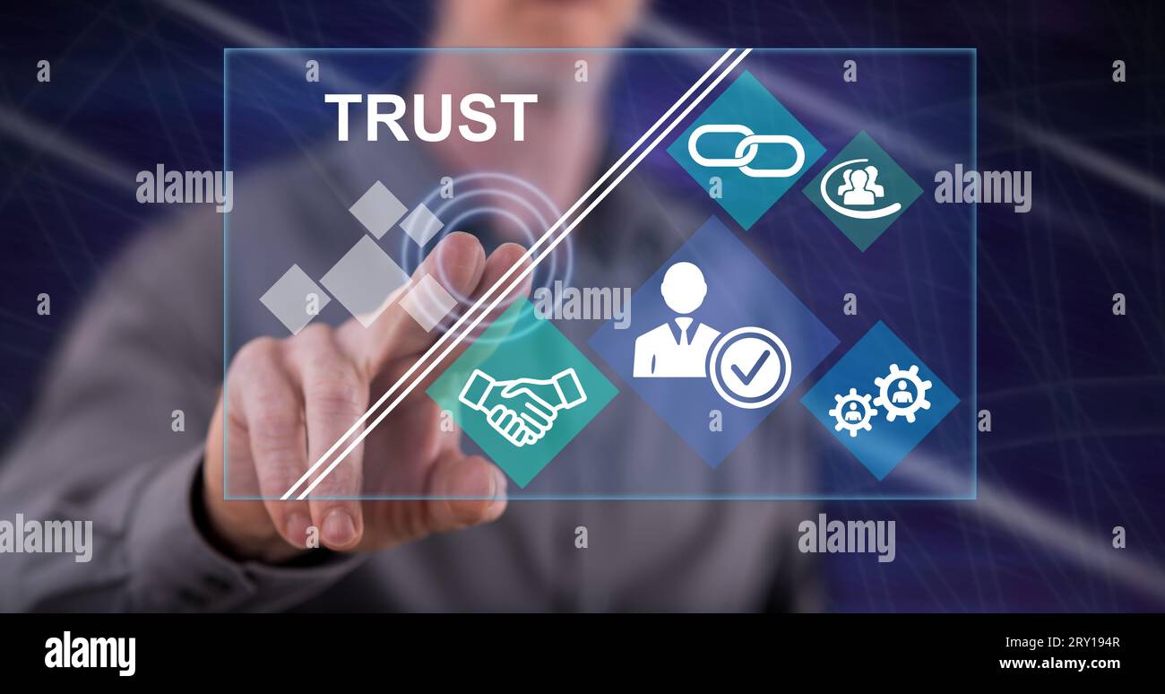 Man touching a trust concept on a touch screen with his finger Stock ...