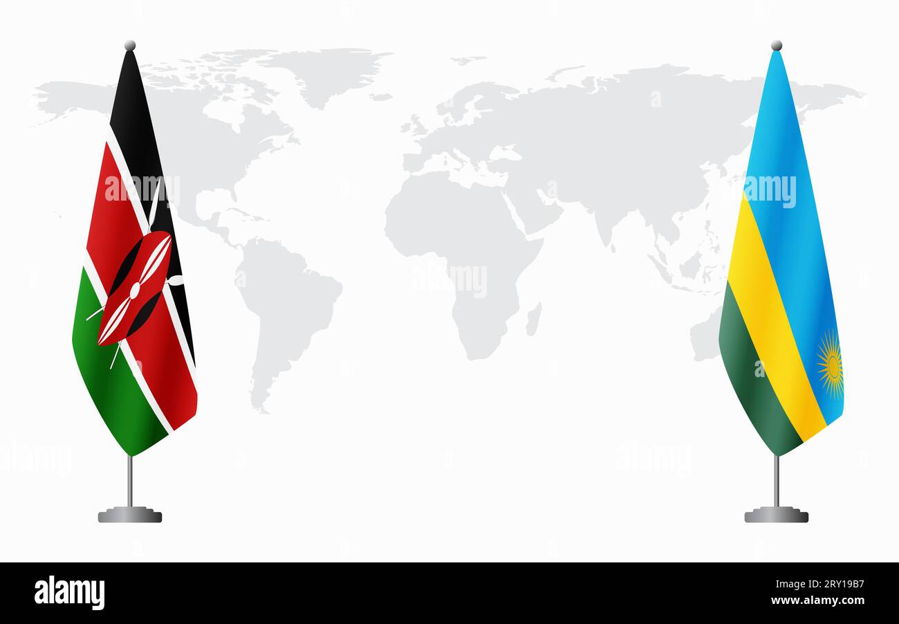 Kenya and Rwanda flags for official meeting against background of world ...
