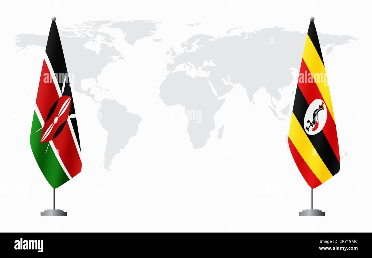 Kenya and Uganda flags for official meeting against background of world ...