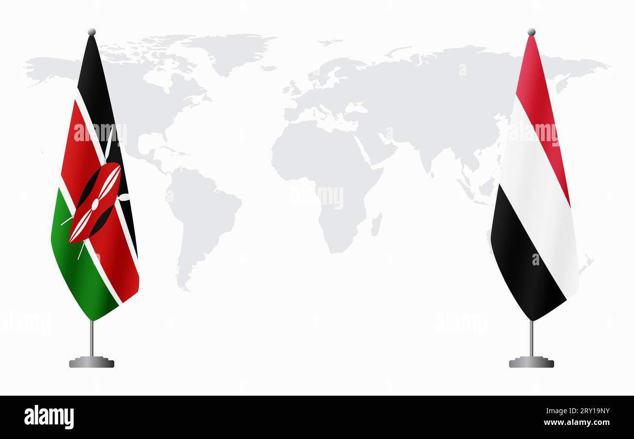 Kenya and Yemen flags for official meeting against background of world ...