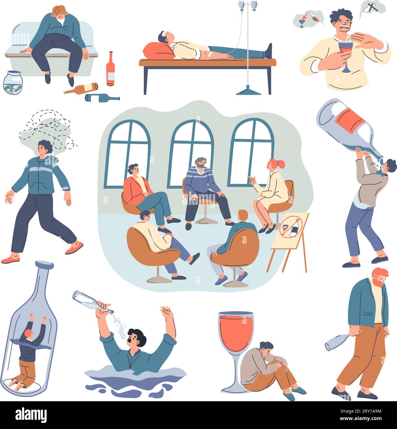 Alcohol addiction, alcoholics with drinks and cups Stock Vector Image ...