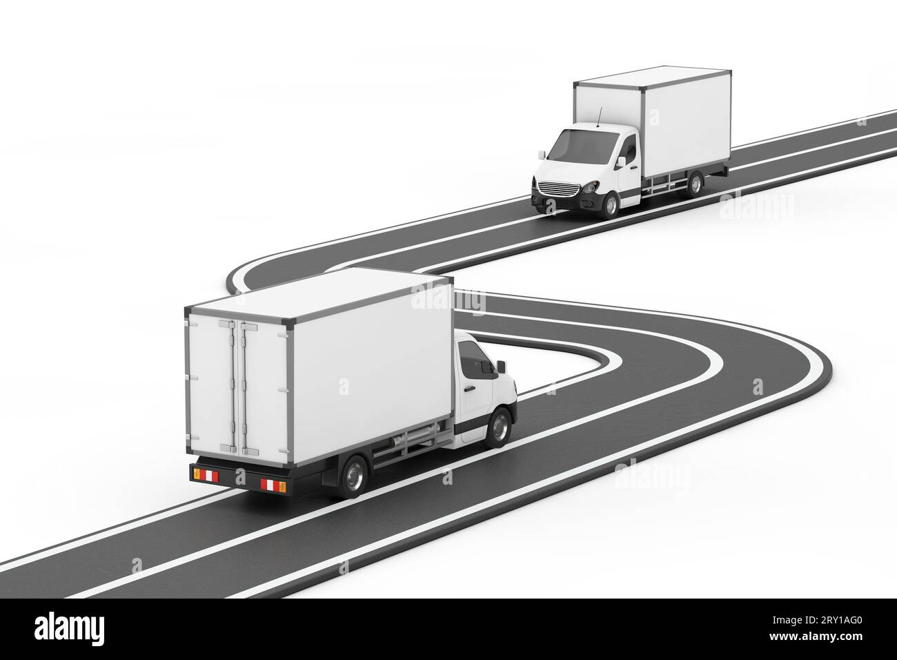 Two Cargo Van Minibuses Moving on Winding Asphalt Road on a white ...