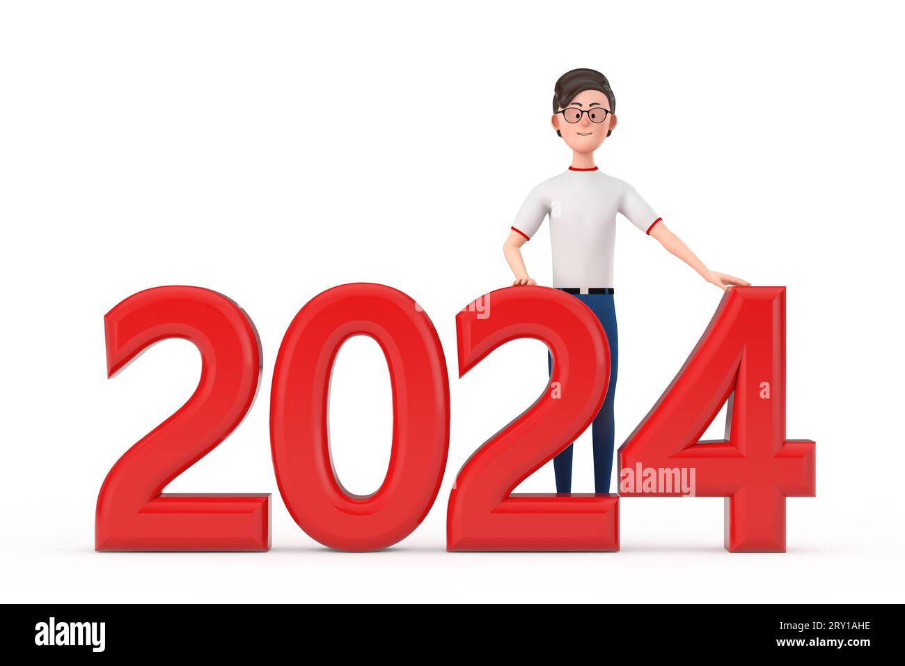 Cartoon Character Person Man with Red 2024 New Year Sign on a white ...
