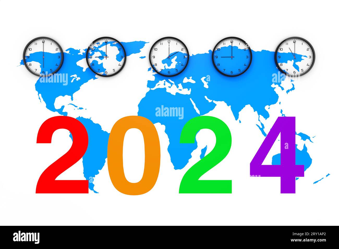 Set of Clocks with Different World Time, Blue World Map and New 2024 Year Sign on a white ...