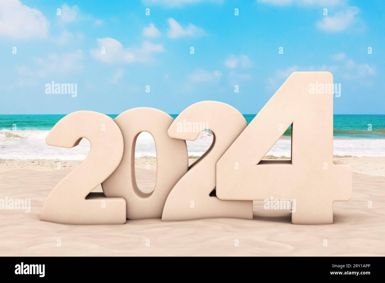 Happy 2024 New Year Concept. 2024 New Year Sign at Sunny Beach extreme closeup. 3d Rendering ...