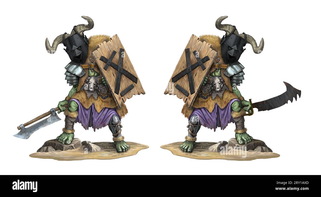 Fantasy creature - orc. Fantasy illustration. Goblin with sword drawing ...
