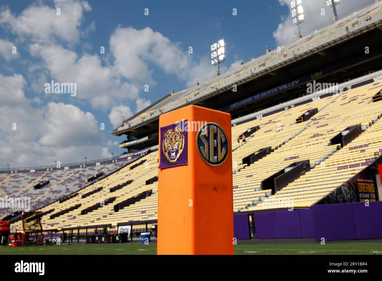 A detail closeup of the LSU logo and the SEC logo on a goal line post ...