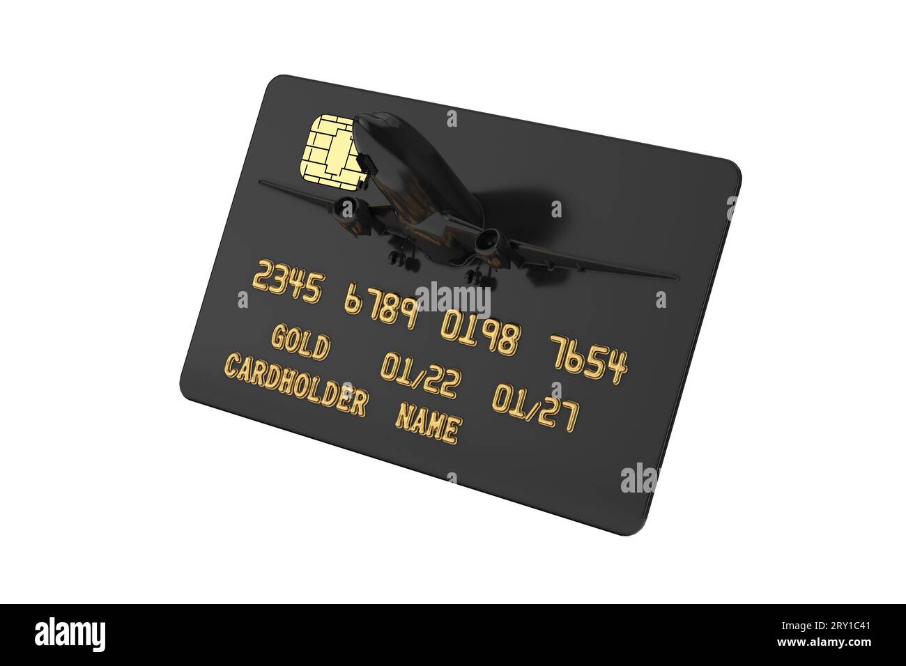 Black Plastic Golden Credit Card with Chip and Jet Airplane on a white ...