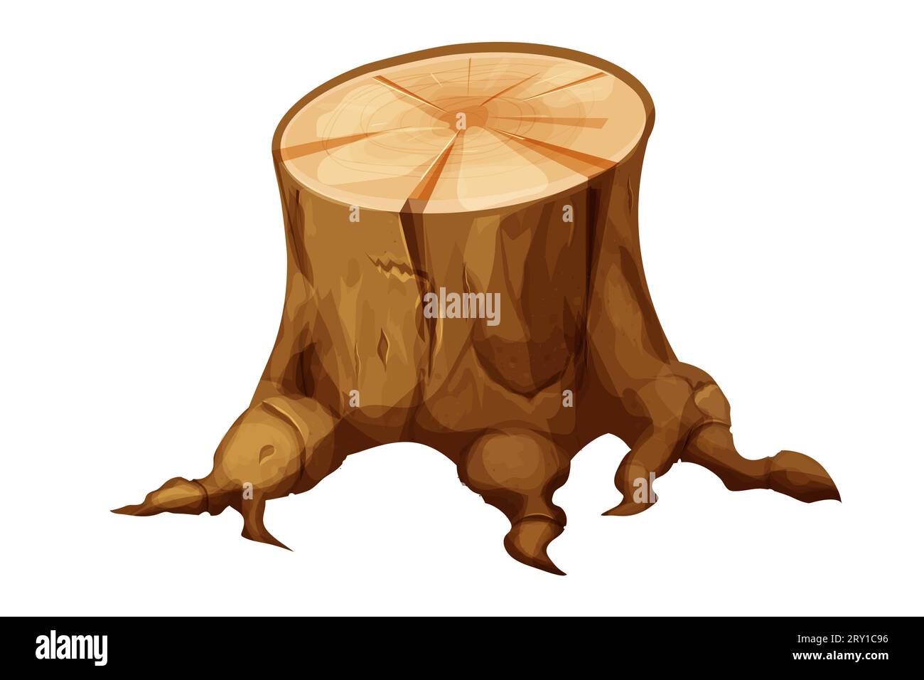 Wooden stump forest tree trunk with roots, cut section in cartoon style ...