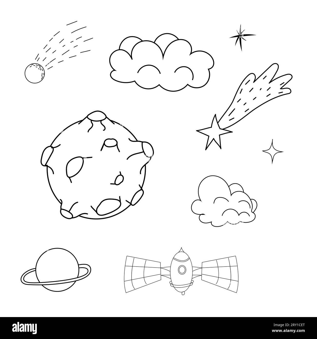 Set planets space elements, stars, meteorite in doodle style. Galaxy ...