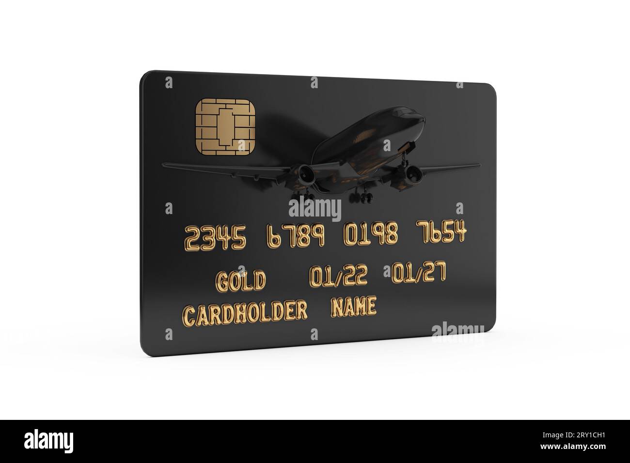 Black Plastic Golden Credit Card with Chip and Jet Airplane on a white ...