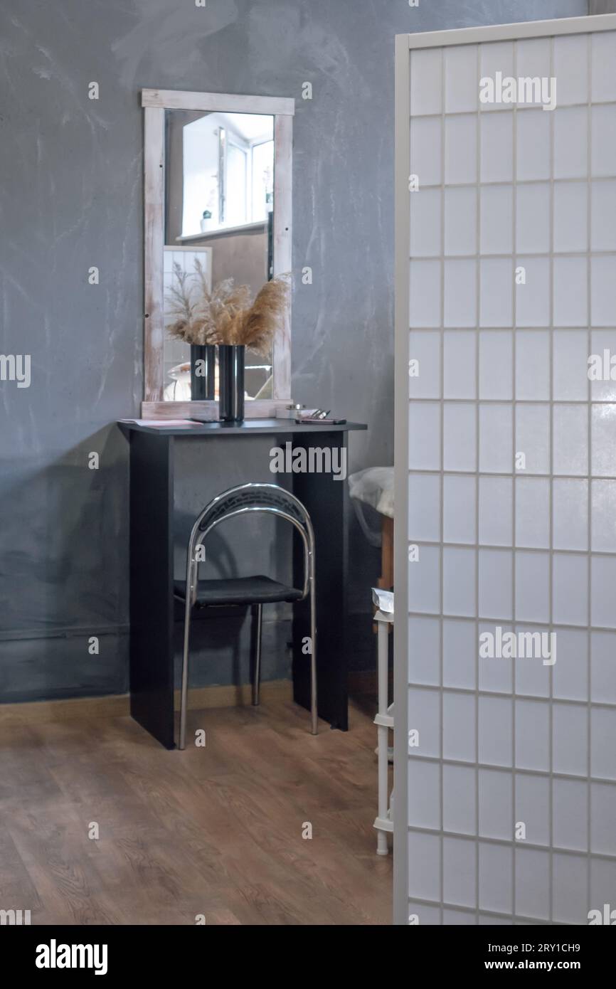 Modern room furnished with white folding screen, rectangular mirror ...