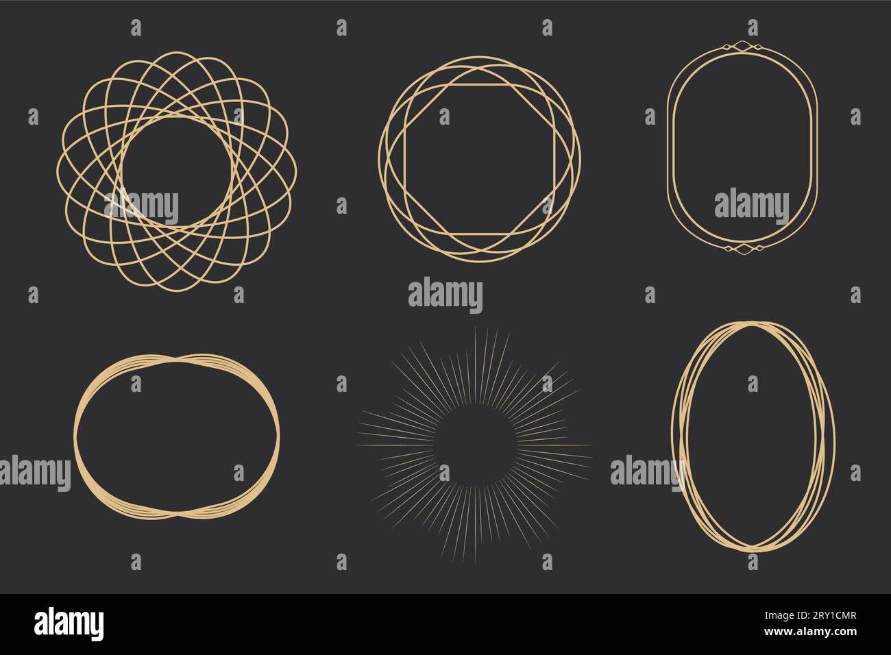 Set golden celestial frames, borders, arch line art esoteric minimal decoration with sparkles ...