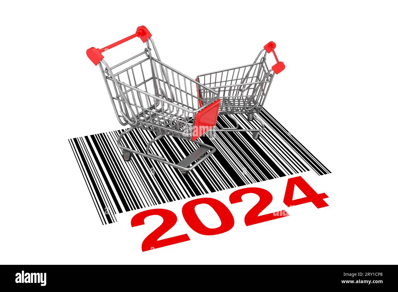 Two Empty Shopping Carts over Abstract Bar Code with New 2024 Year Sign ...