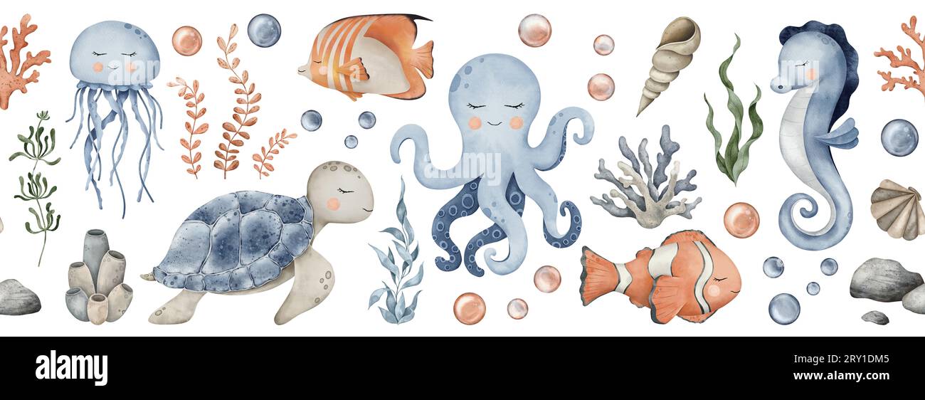 Underwater Animals seamless border. Cute undersea endless line with ...