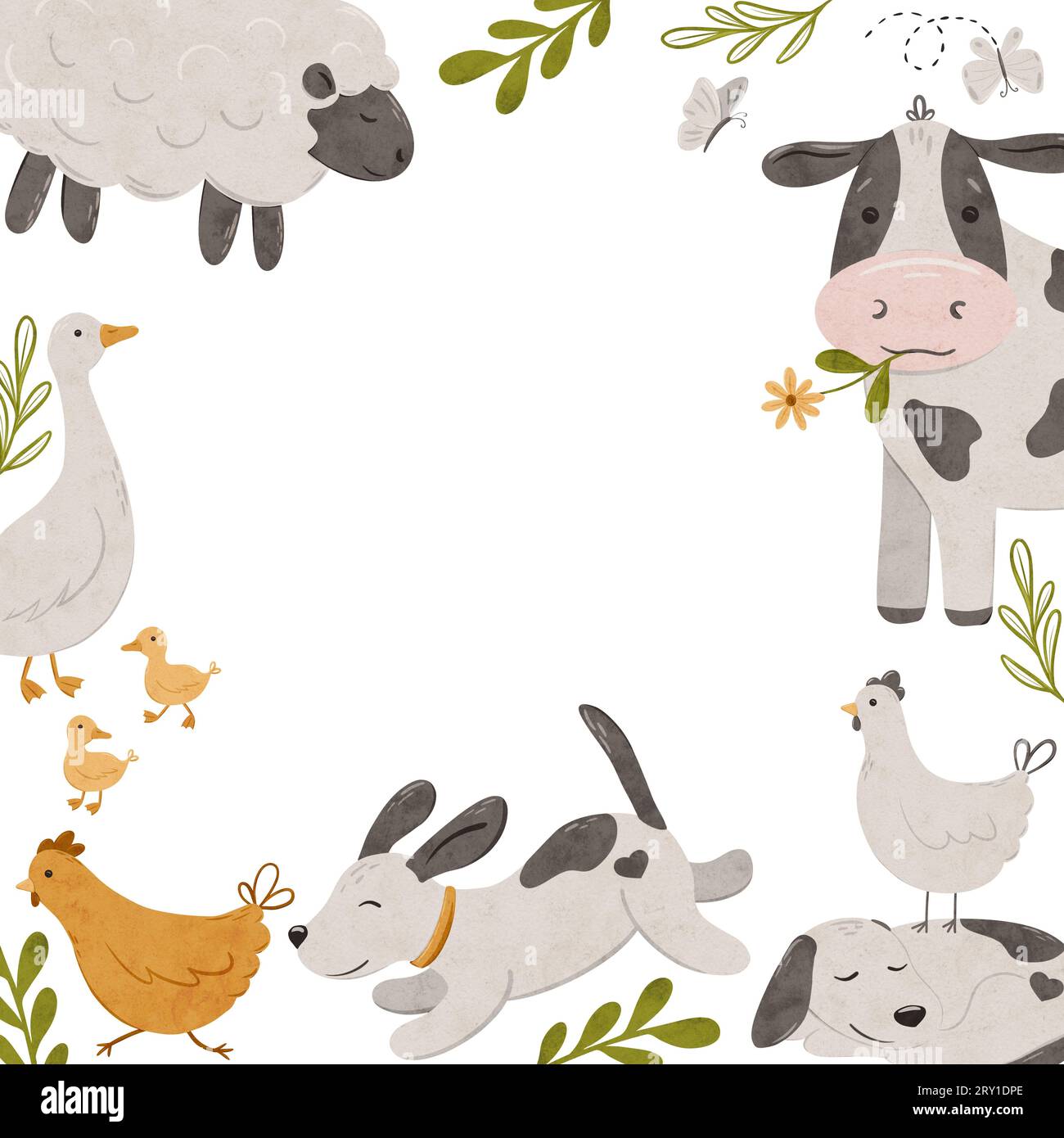 Cute farm animals frame cow, lamb, chick, dog, cow, sheep, chicken and ...