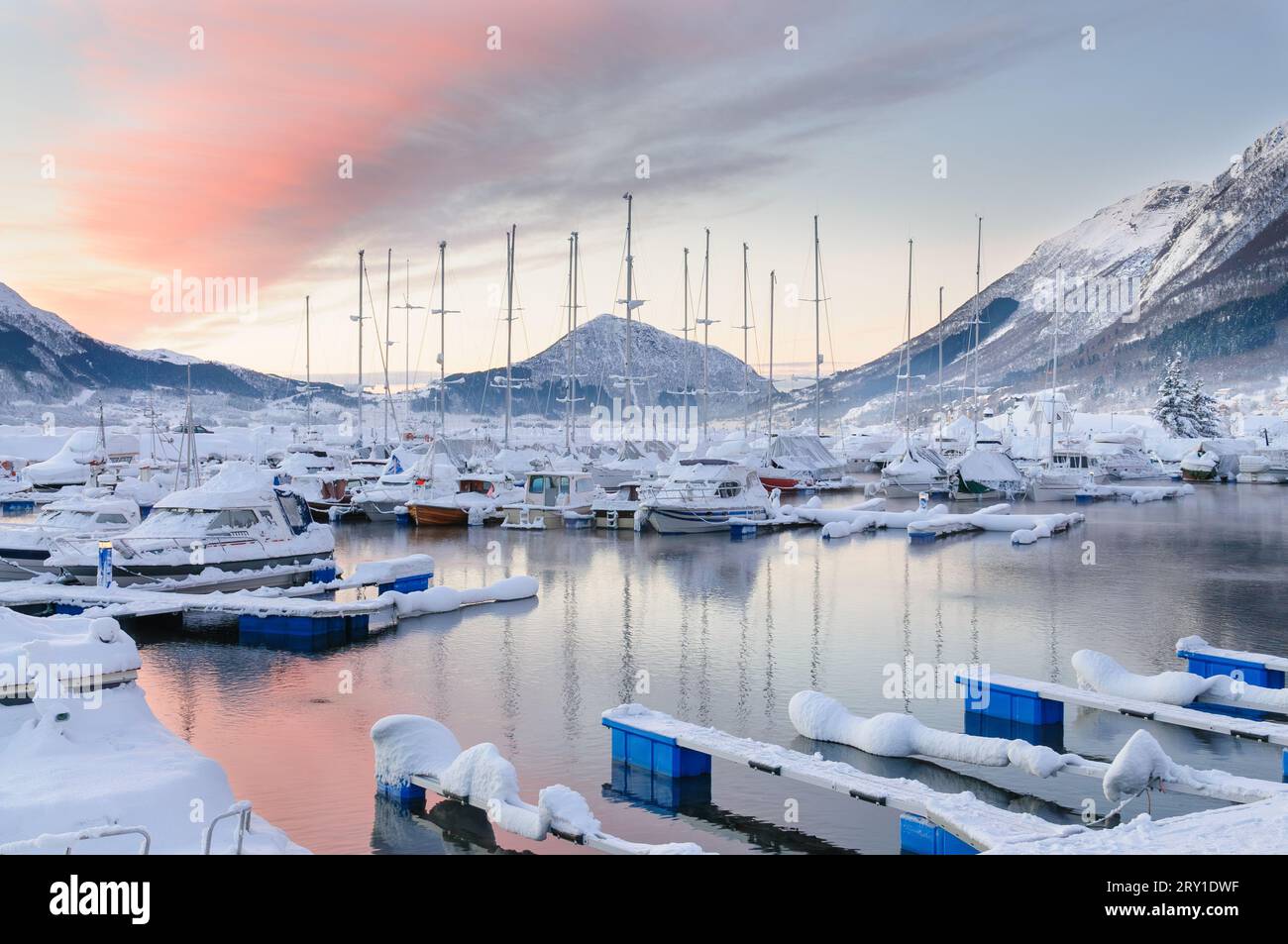 A serene winter morning reveals a marina blanketed in snow, with boats moored peacefully against ...