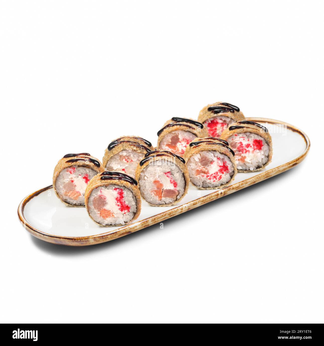 ROLL TEMPURA SAKE MAGURO rice, nori, cheese, salmon, tuna on white ...