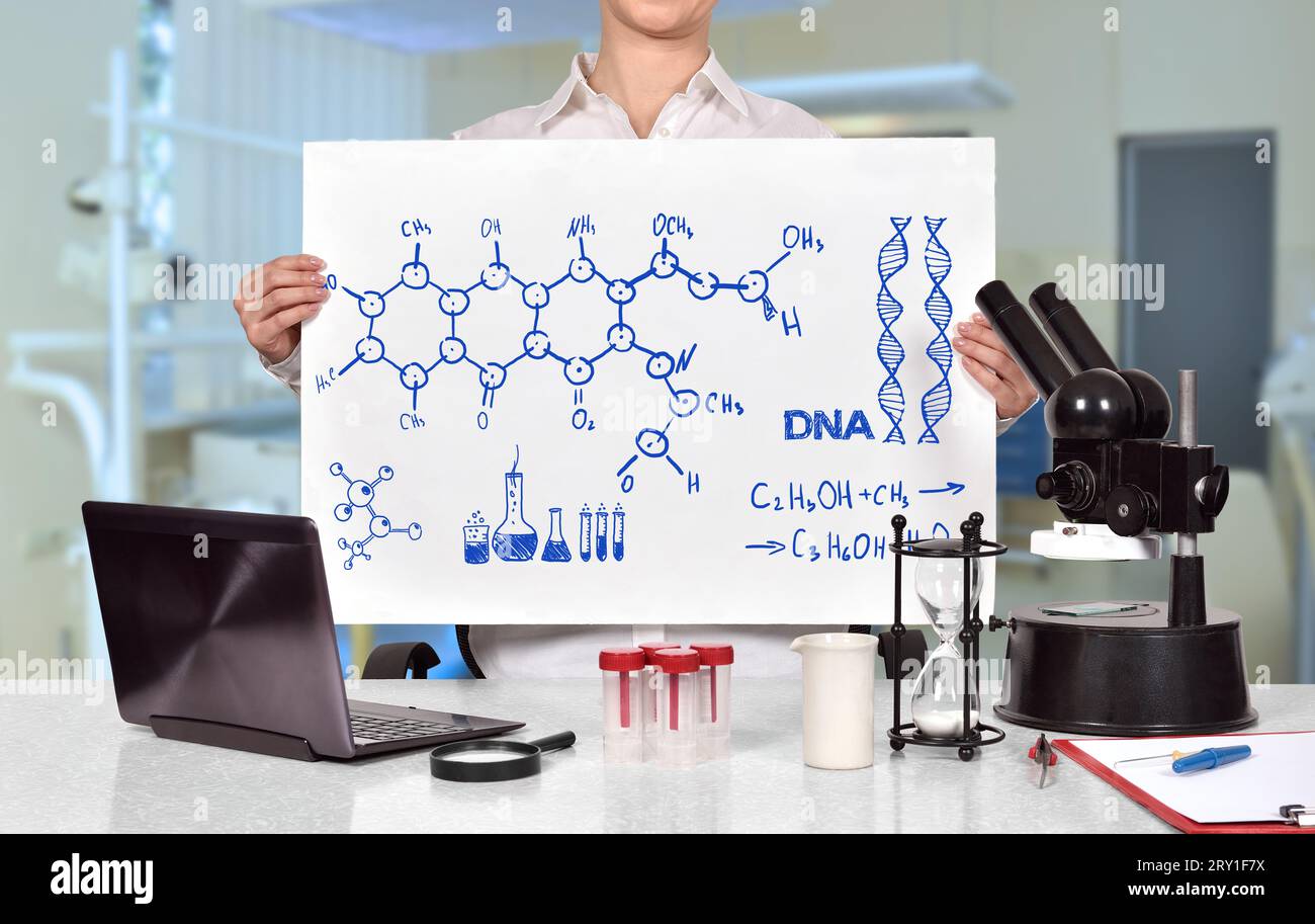 Medical researcher woman holding banner with drawing chemical scheme ...