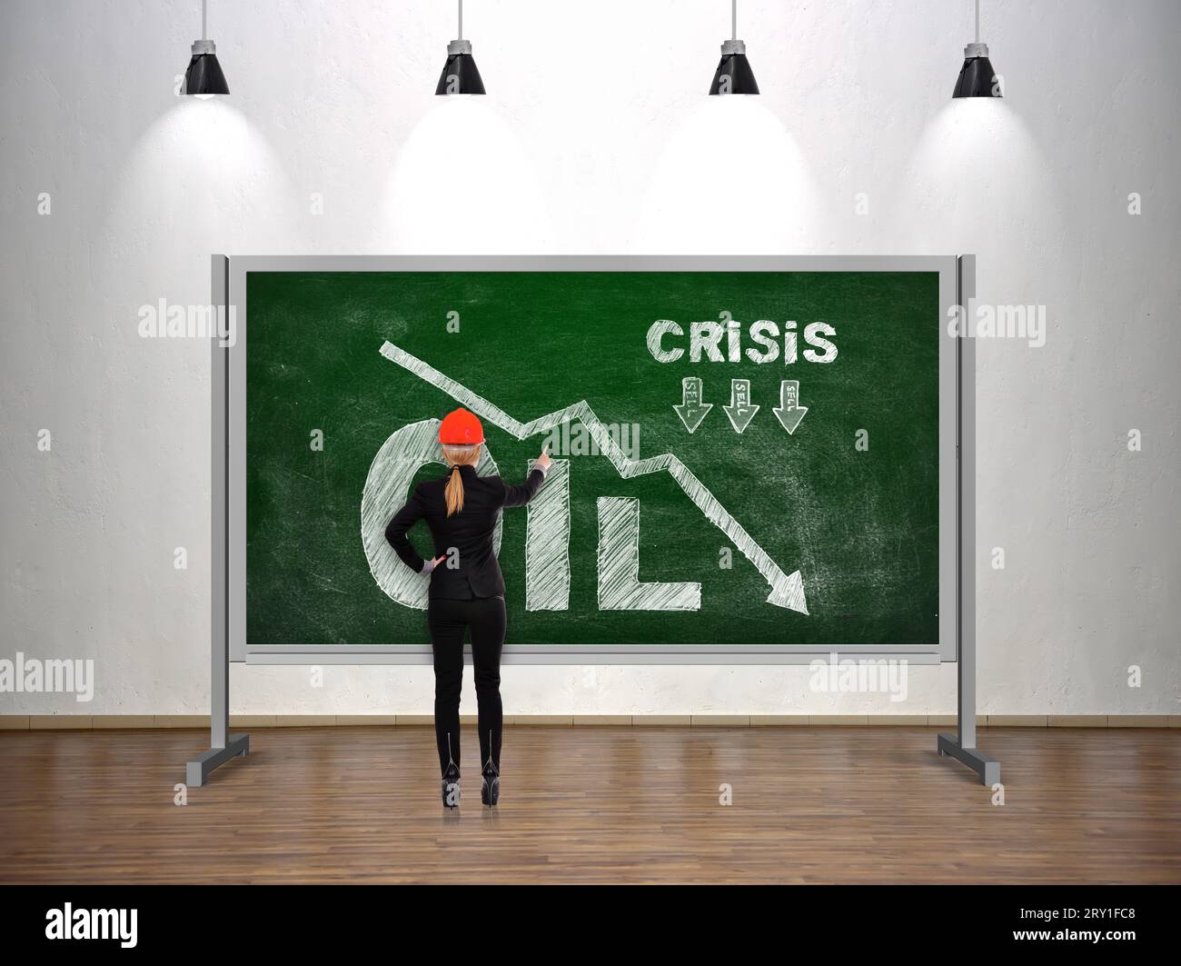 Engineer woman drawing oil crisis on chalk board. Business and ...