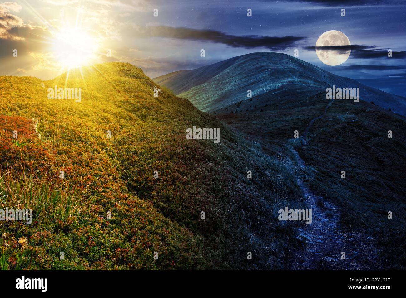 summer mountain landscape with sun and moon at twilight. foot path ...