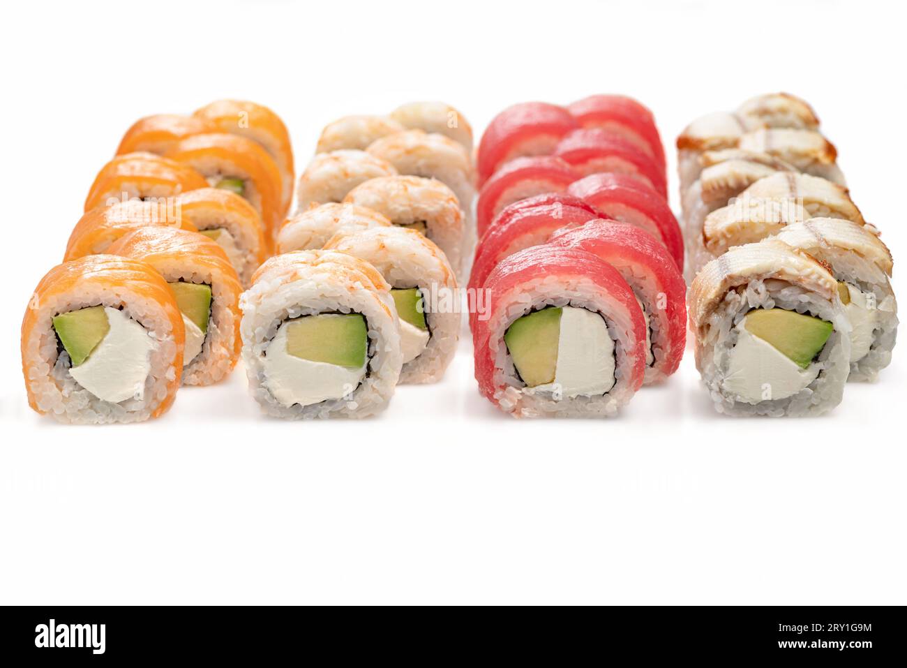 Assorted Japanese sushi roll set on white background. Sushi menu ...