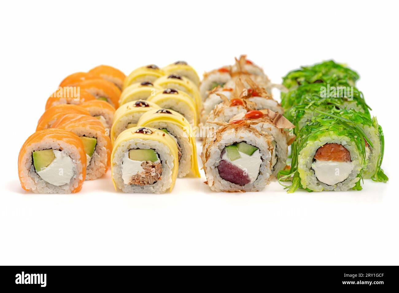 Assorted Japanese sushi roll set on white background. Sushi menu ...