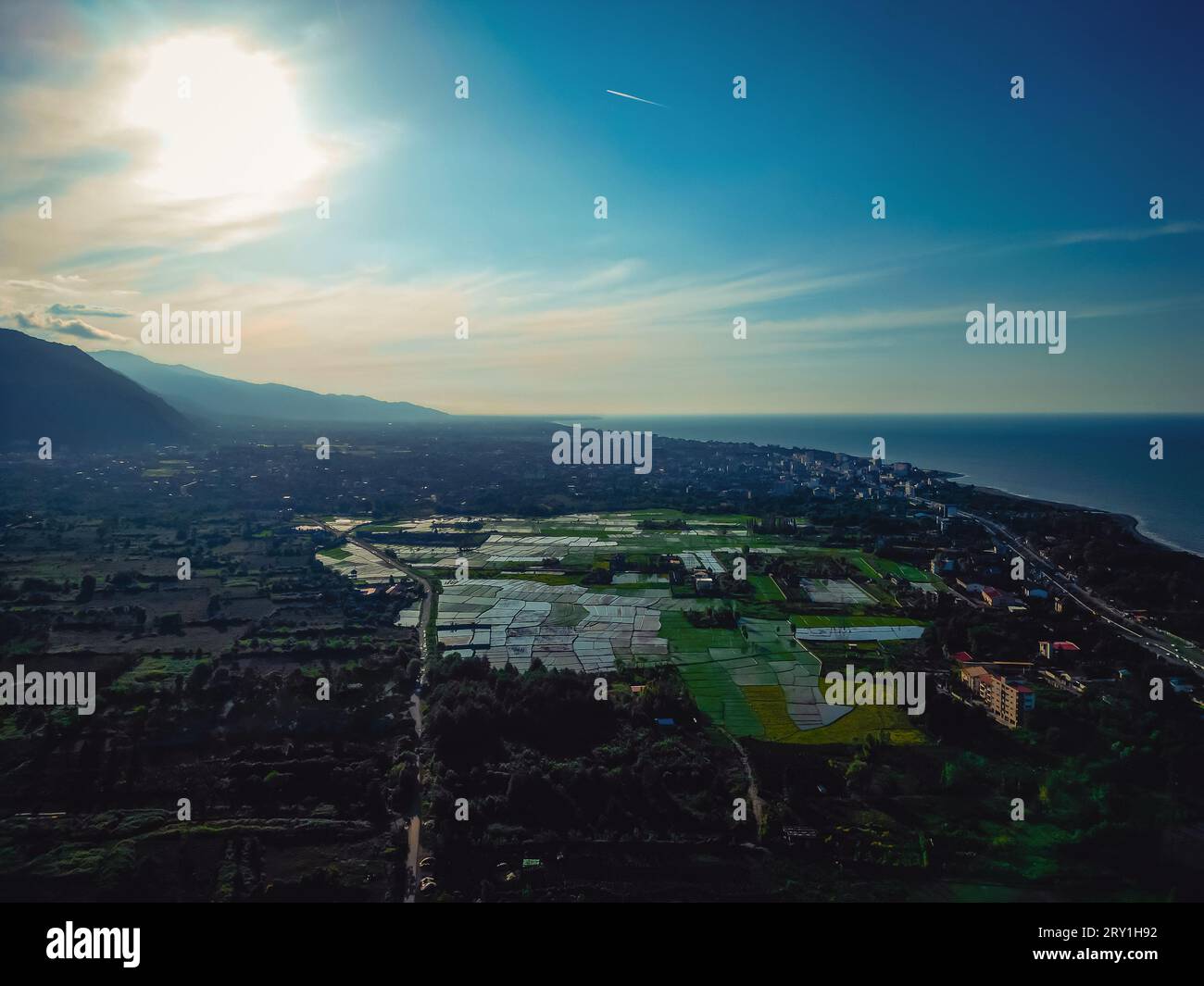 aerial view of countryside whit sea , forest and farm Stock Photo - Alamy
