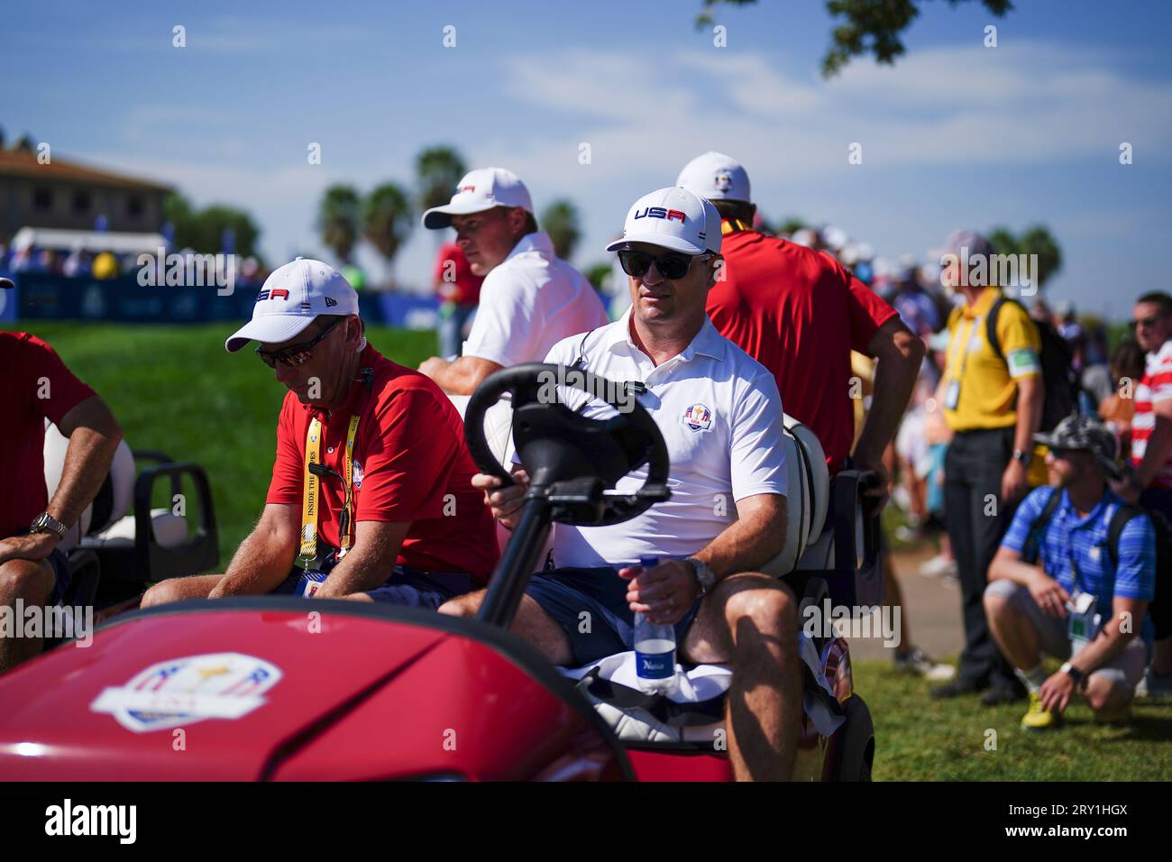 USA Captain Zach Johnson in a golf buggy during a practice round at the ...
